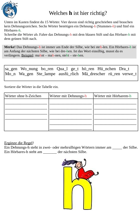 Zwei Übungsblätter zum Dehnungs-h und Unterscheidung mitt/mit ...